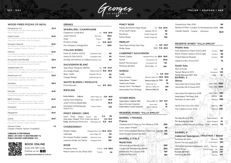 Menu - Georges on Sorrento